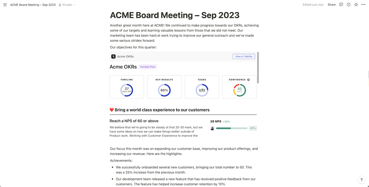 Tability + Notion, Confluence: Embed goals in your docs